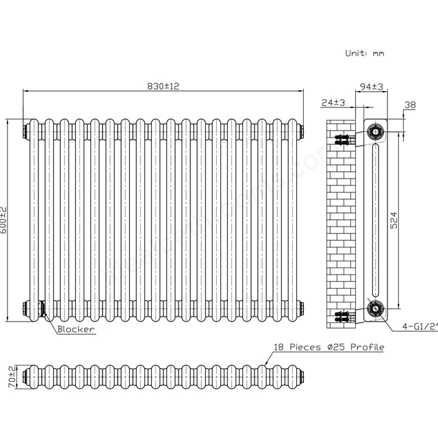 Scudo Column Designer Horizontal Radiator 2 col 600 x 830mm 18 Sections ...
