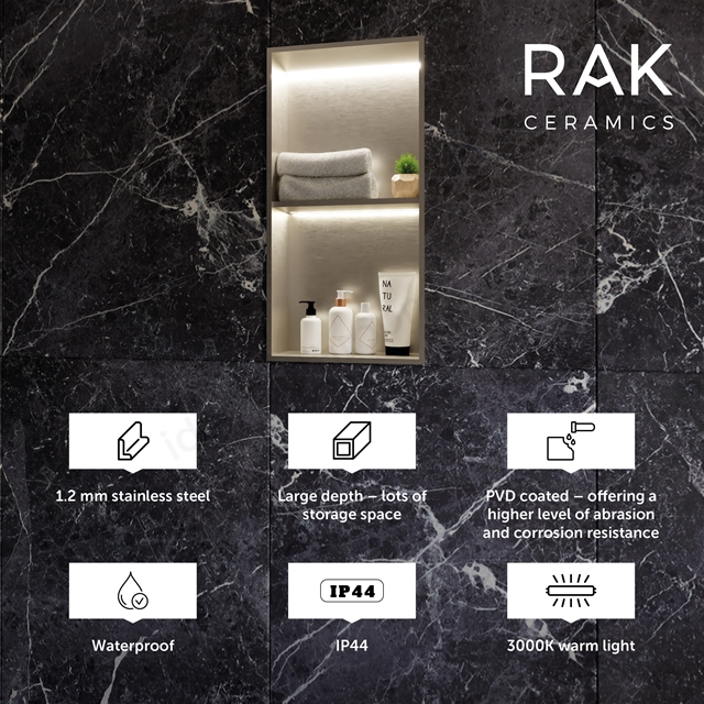 RAK Ceramics Ingot 300 x 600mm Recessed Niche w/ Shelf & LED - Brushed ...